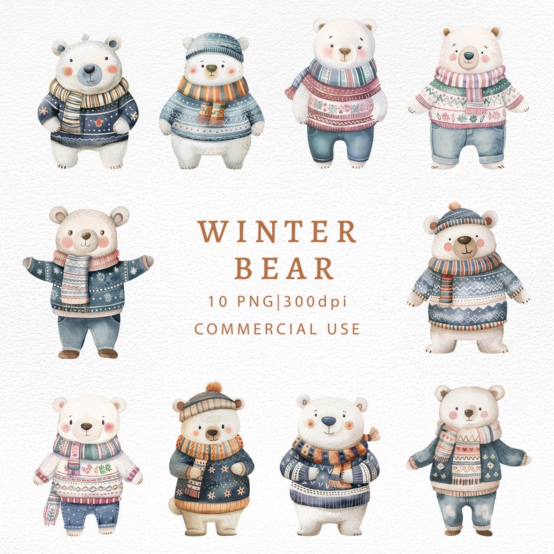 Watercolor Cute Polar Bears Clipart-commercial Use Clip Art-watercolor ...