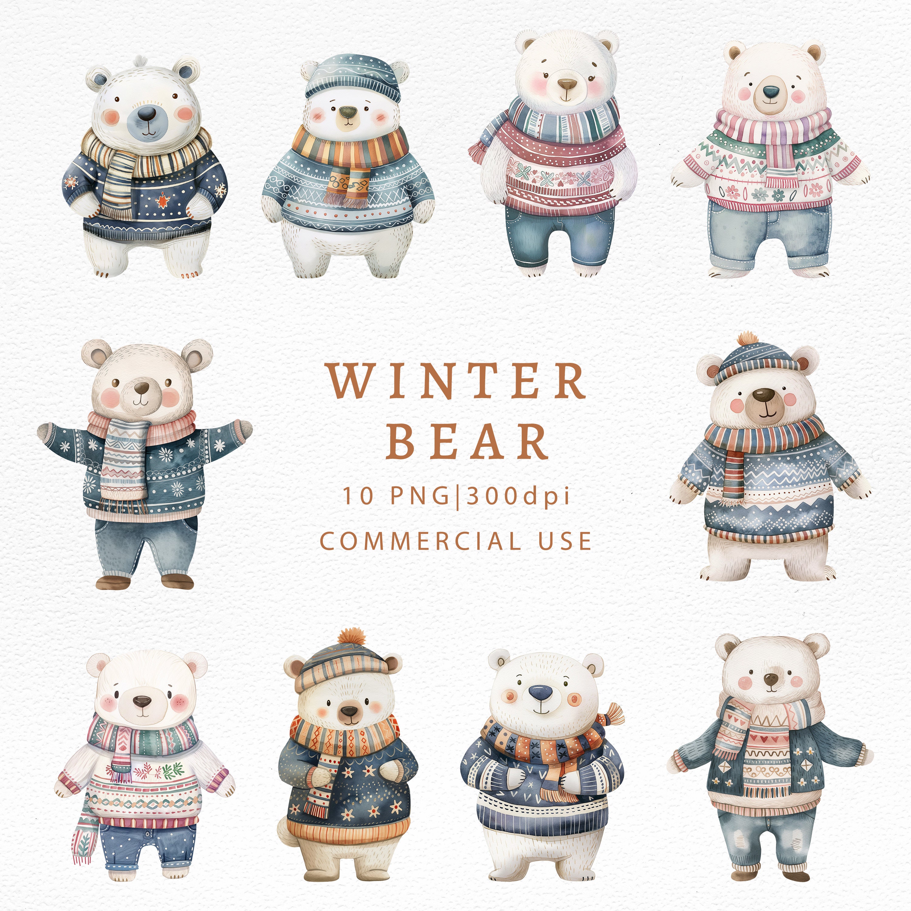 Watercolor Cute Polar Bears Clipart-commercial Use Clip Art-watercolor ...