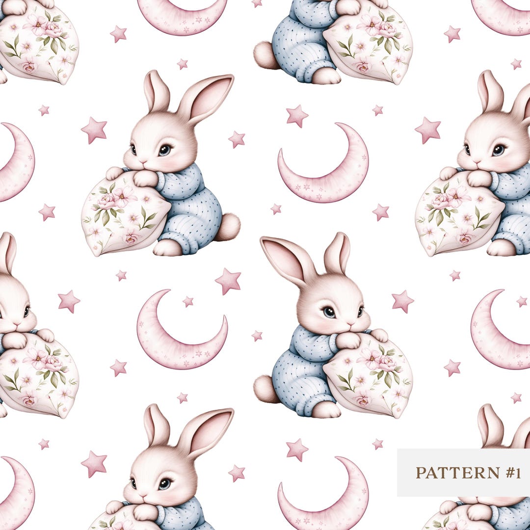 Cute Watercolor Sleeping Bunny Seamless Pattern, Sleepy Rabbit Pattern ...