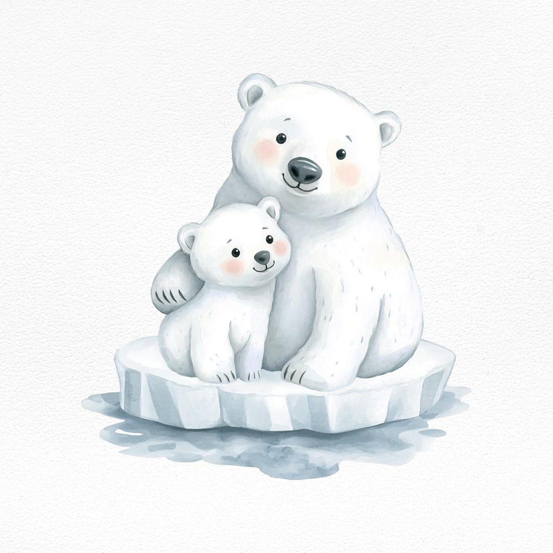 Mama Polar Bear Clipart-watercolor Polar Bears Clipart-cute Baby Polar ...