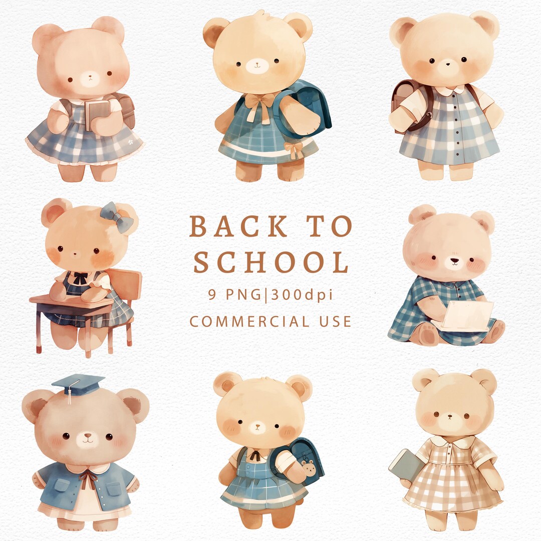 Watercolor Bear Back to School Clipart-cute Teddy Bear Girl-baby Shower ...