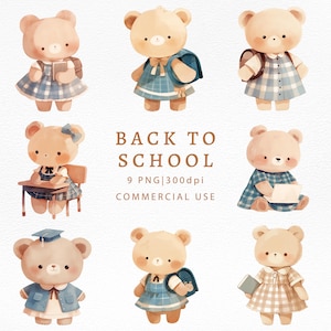 Watercolor Bear Back to School Clipart-cute Teddy Bear Girl-baby Shower ...
