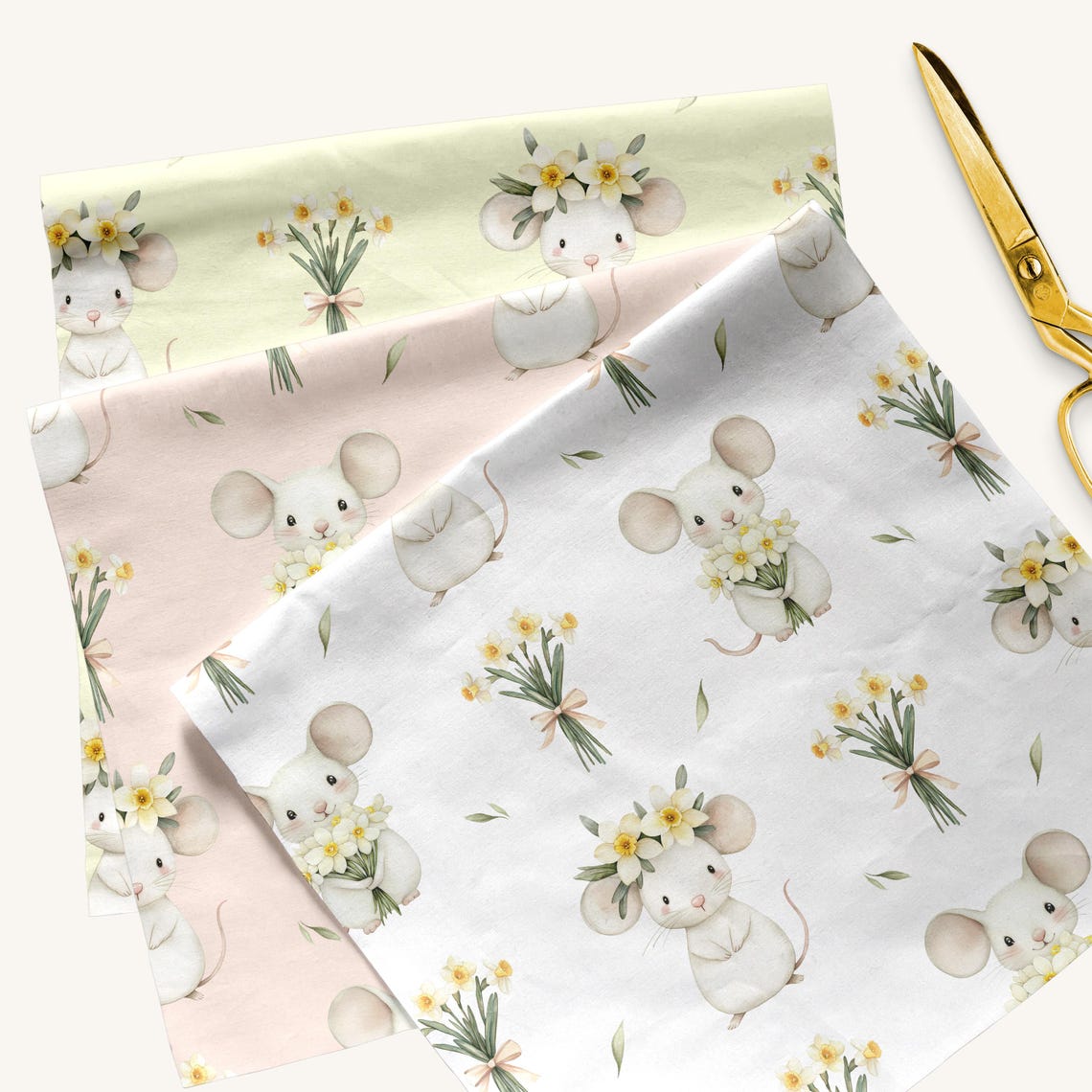 Watercolor Mouse Seamless Pattern, Cute Floral Mice Fabric, Digital ...