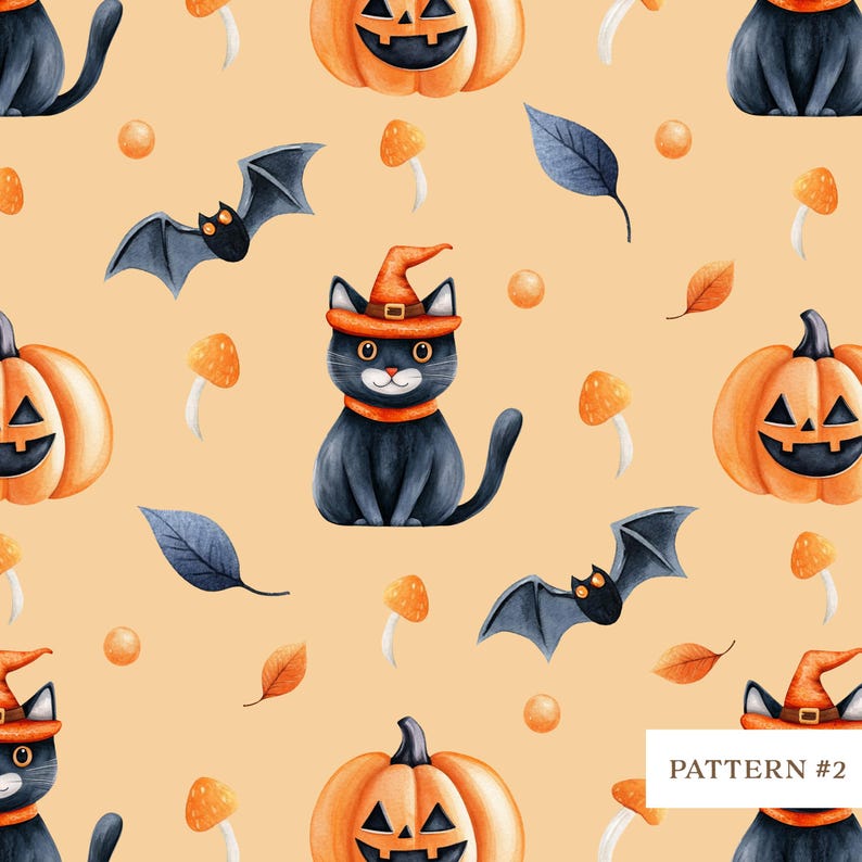 Cute Halloween Cat Seamless Pattern-halloween Pumpkins-bat-spooky ...