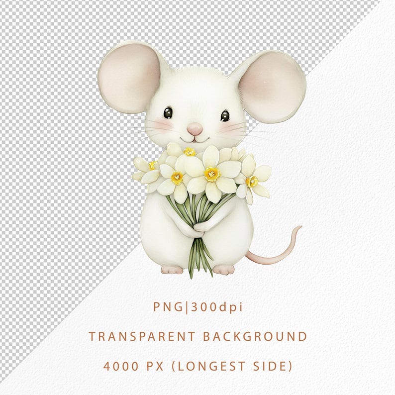 Watercolor Mouse Print - Cute Floral Animal Clipart, Nursery Wall Decor ...