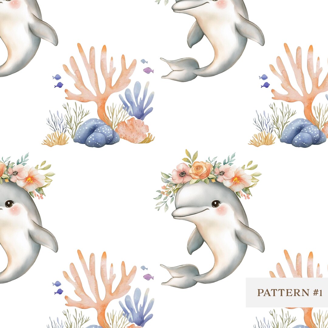Seamless Dolphin Pattern With Flowers, Coral, Cute Underwater Ocean ...