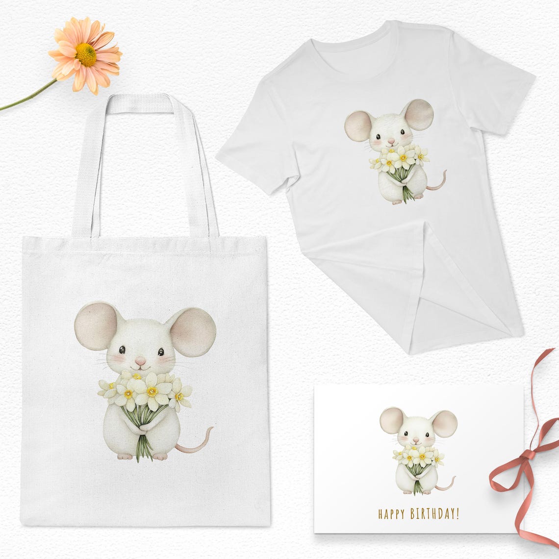 Watercolor Mouse Print - Cute Floral Animal Clipart, Nursery Wall Decor ...