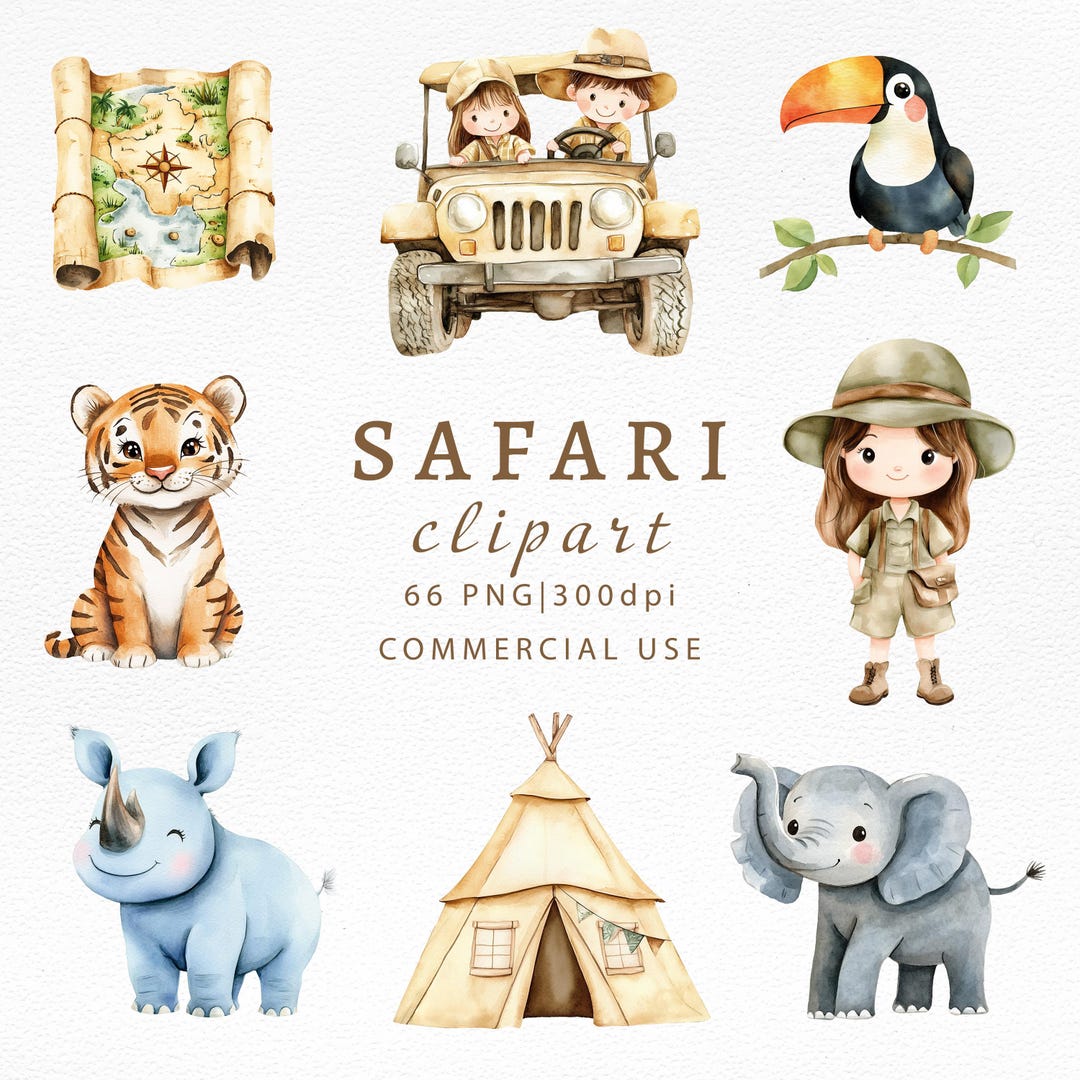 Watercolor Safari Clipart Bundle PNG, Jungle Animals, Nature Elements ...