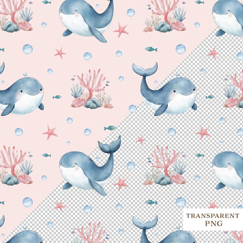 Watercolor Whale Seamless Pattern, Baby Ocean Animal Digital Paper ...