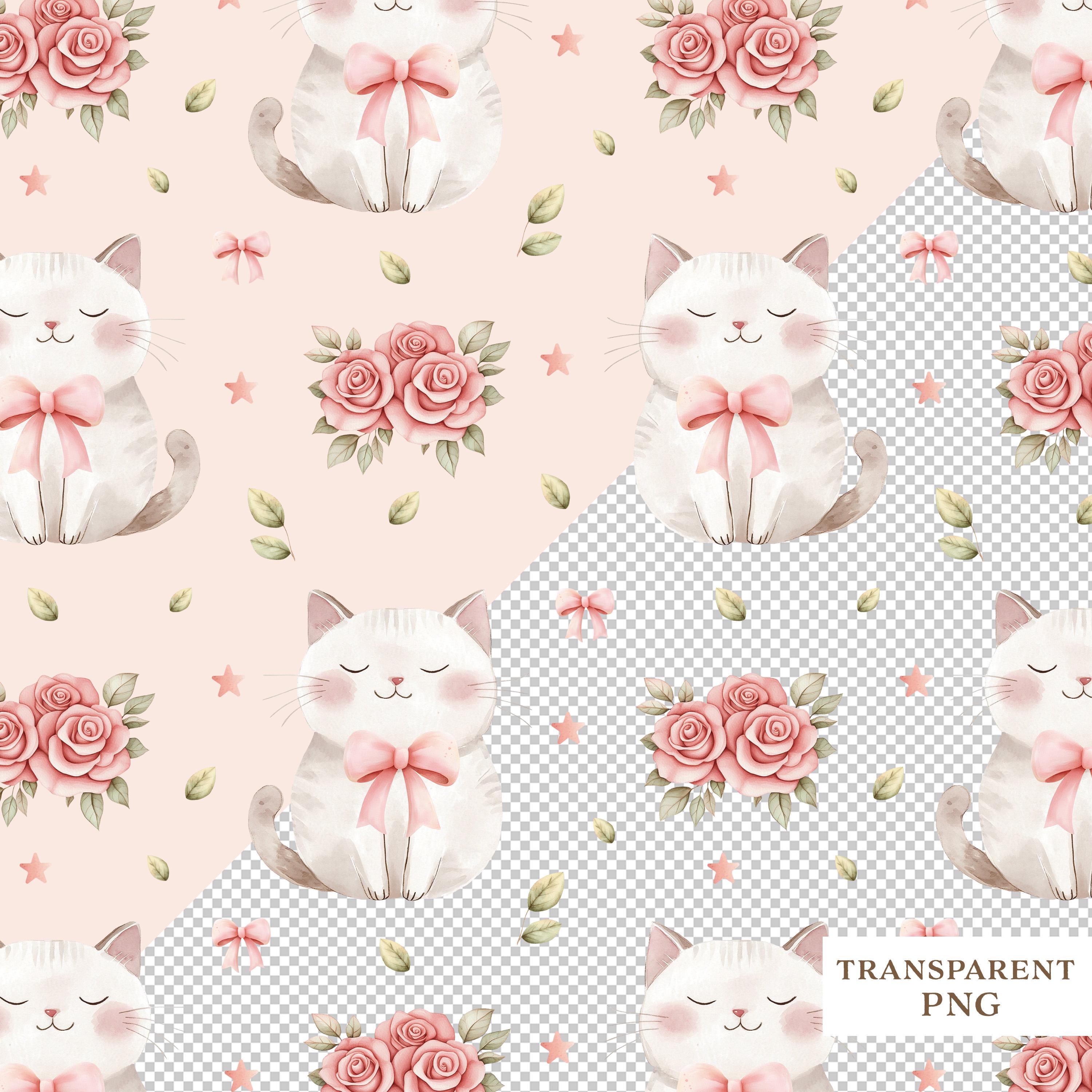 Cute Watercolor Cat Seamless Pattern, Pink Bow Kitty Digital Paper ...