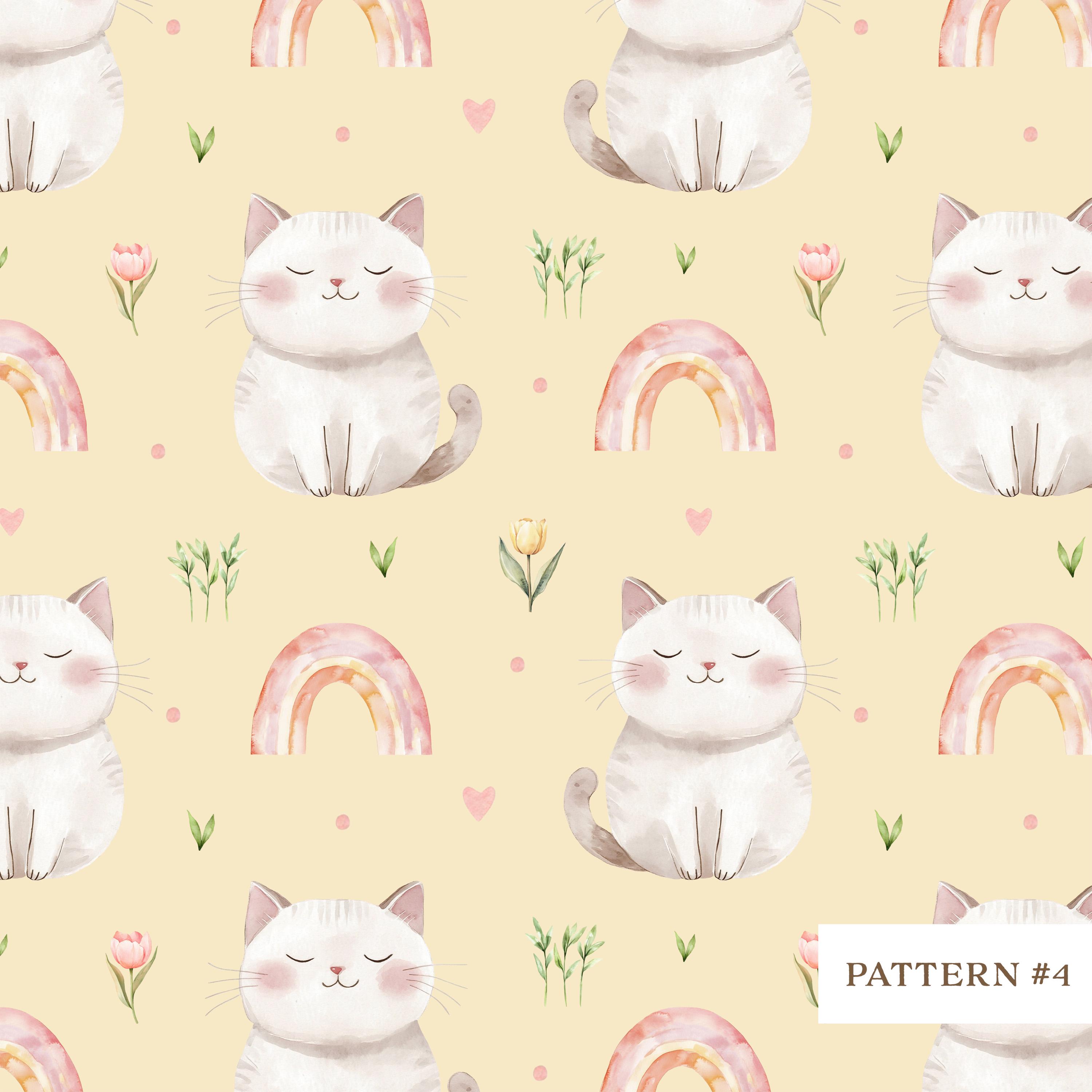 Cute Watercolor Cat Seamless Pattern, Rainbow Floral Digital Paper ...