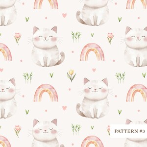 Cute Watercolor Cat Seamless Pattern, Rainbow Floral Digital Paper ...