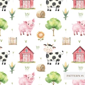 Watercolor Farm Animals Digital Paper, Cow and Pig Seamless Pattern ...