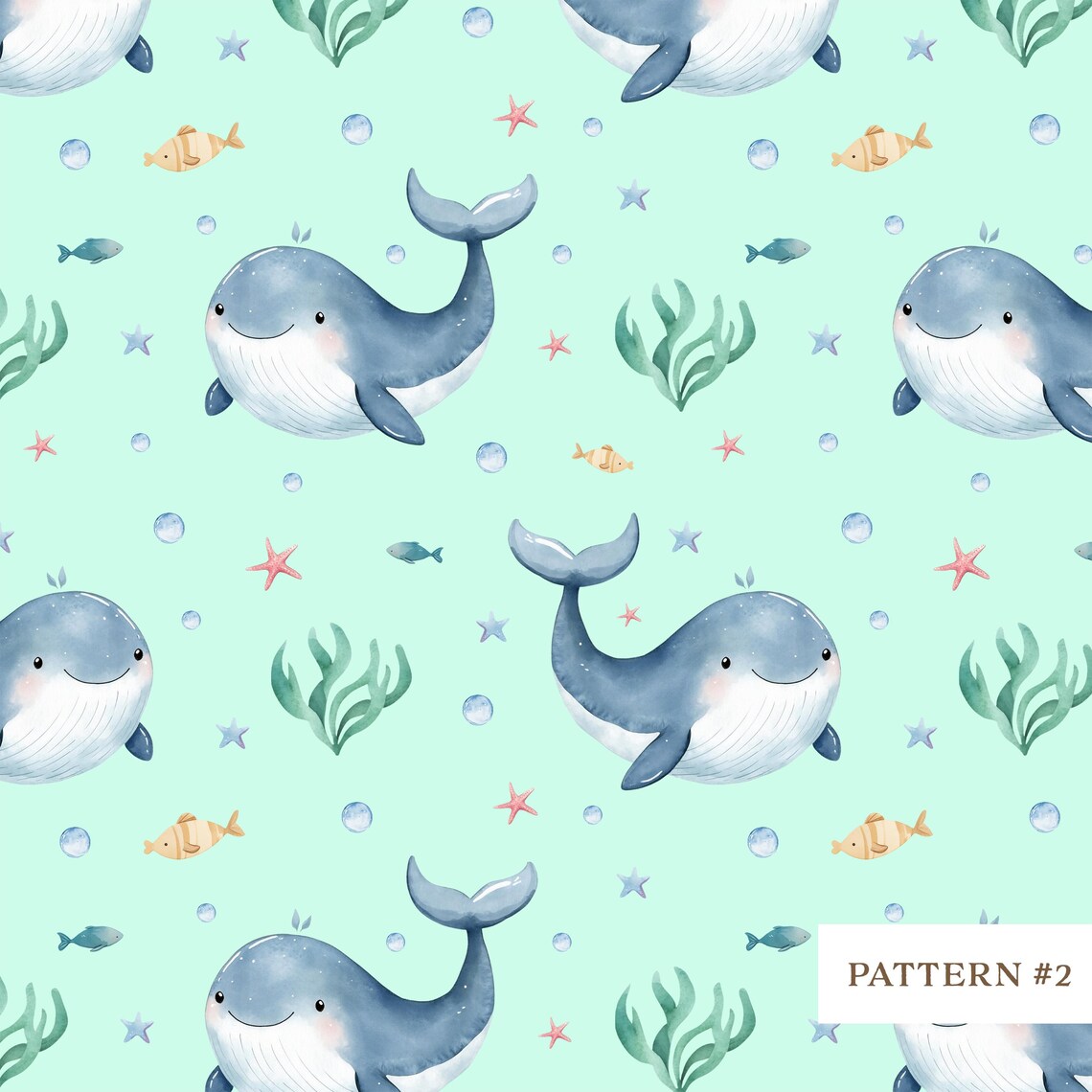 Watercolor Whale Seamless Pattern, Baby Ocean Animal Digital Paper ...