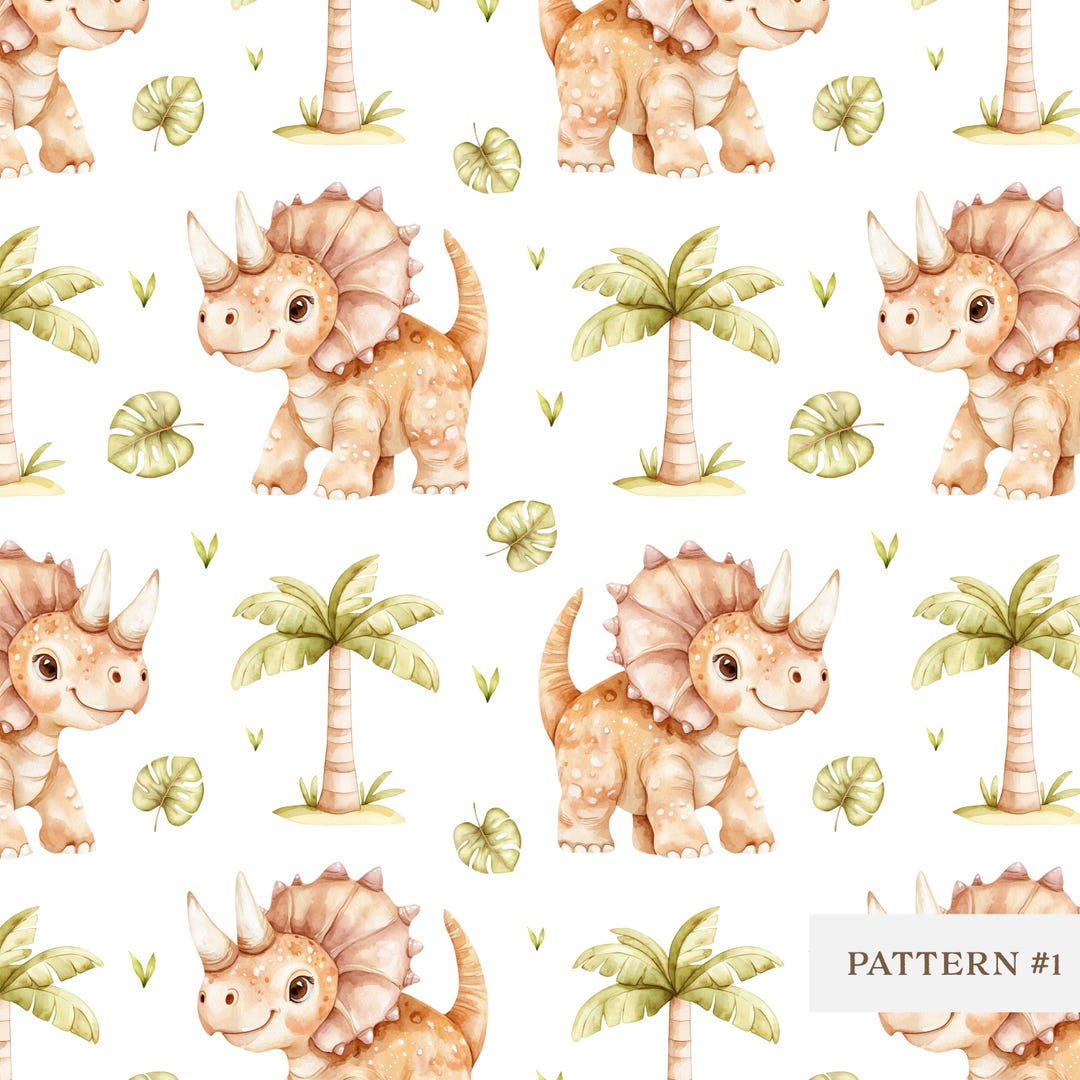 Cute Baby Dinosaur Seamless Pattern, Triceratops Jungle Kids Background ...