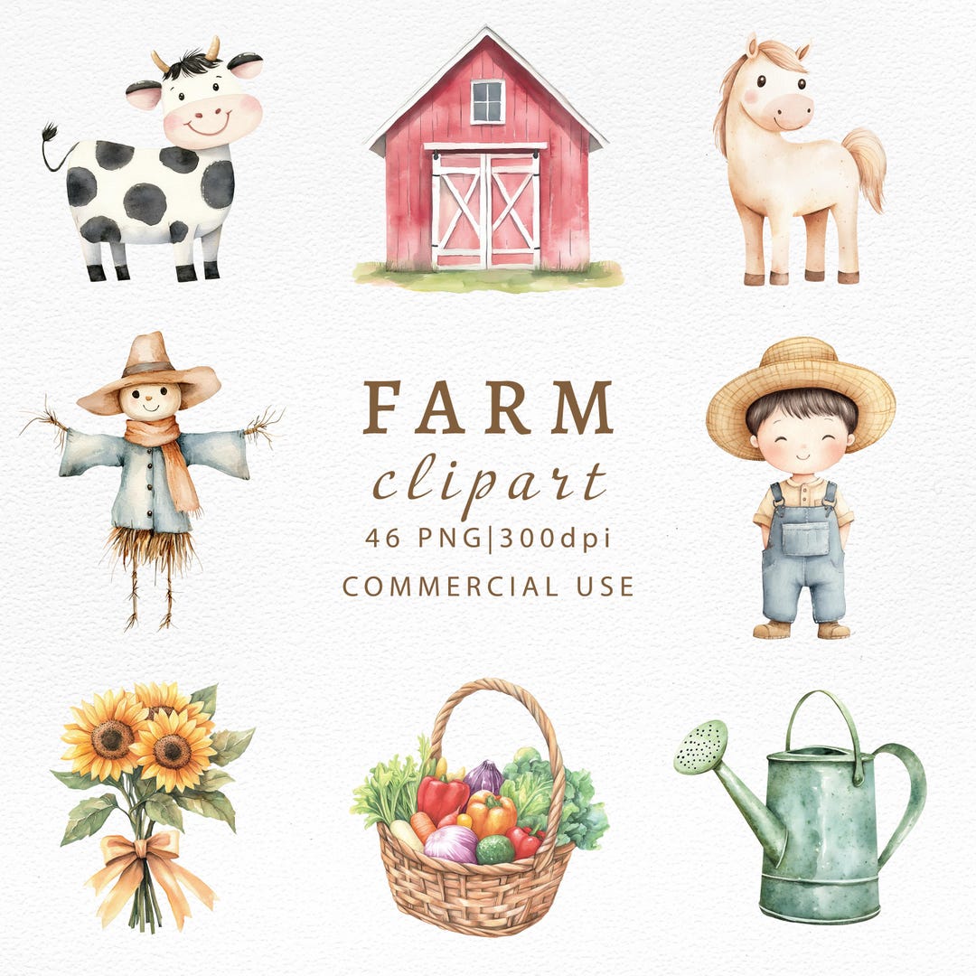 Watercolor Farm Clipart Bundle, Cute Farm Animals PNG, Kids Farmers ...