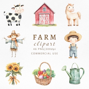 Watercolor Farm Clipart Bundle, Cute Farm Animals PNG, Kids Farmers ...