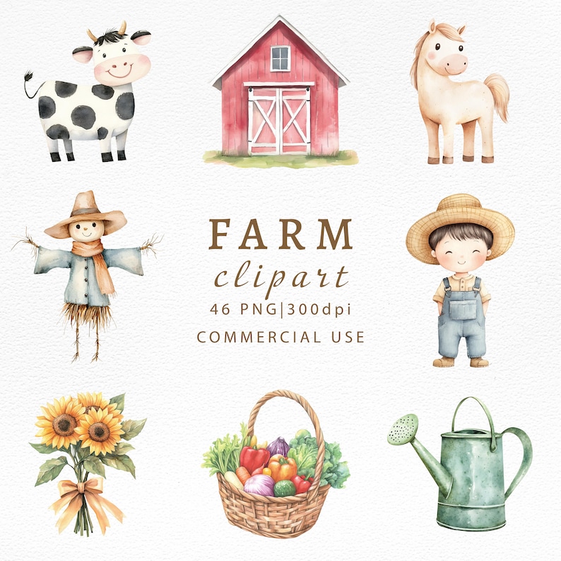 Watercolor Farm Clipart Bundle, Cute Farm Animals PNG, Kids Farmers ...