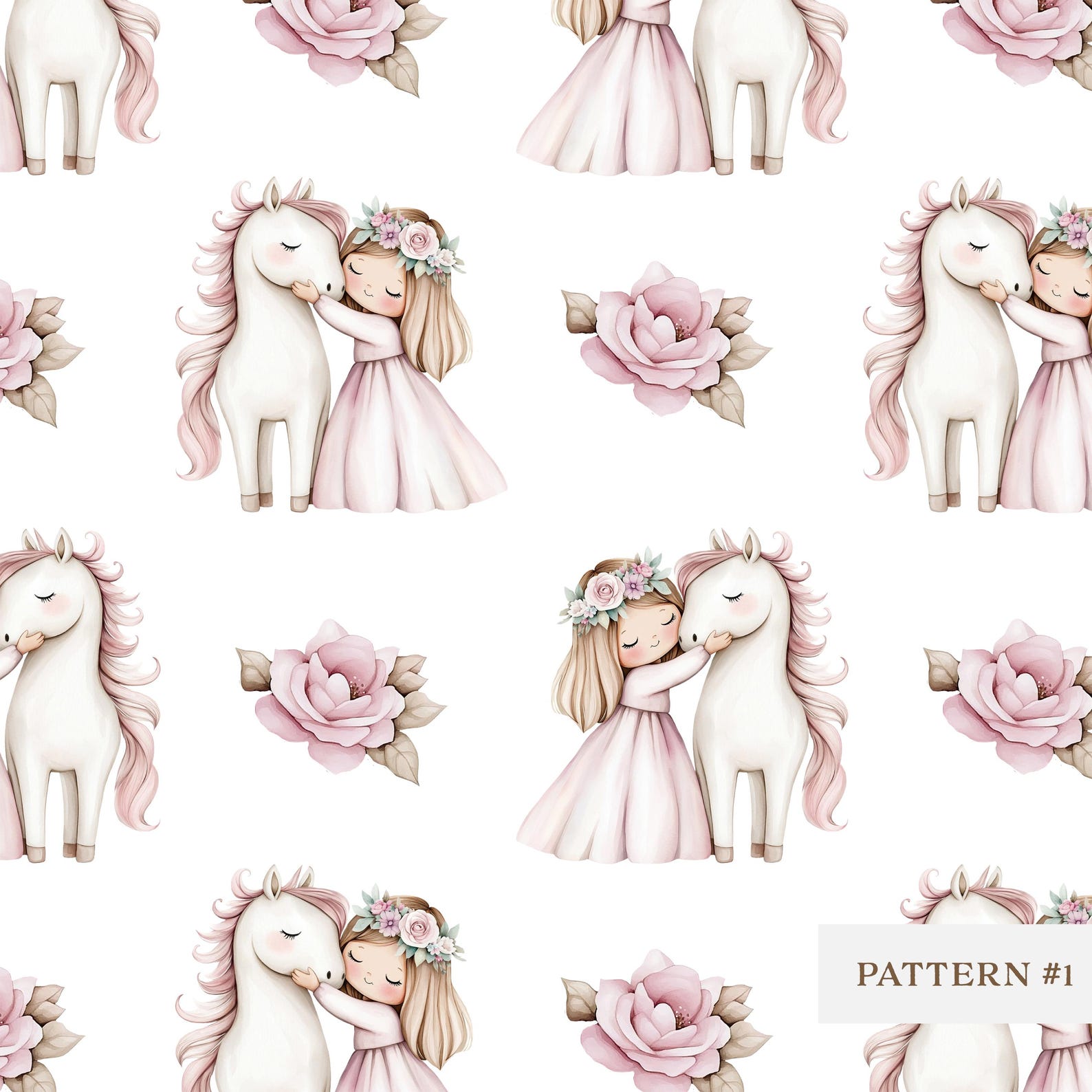 Seamless Watercolor Girl and Cute Horse Pattern, Digital Download ...