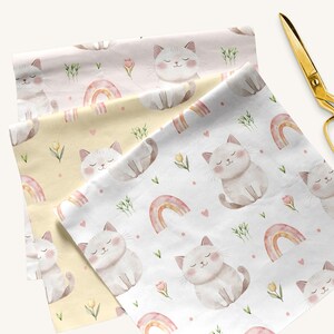 Cute Watercolor Cat Seamless Pattern, Rainbow Floral Digital Paper ...