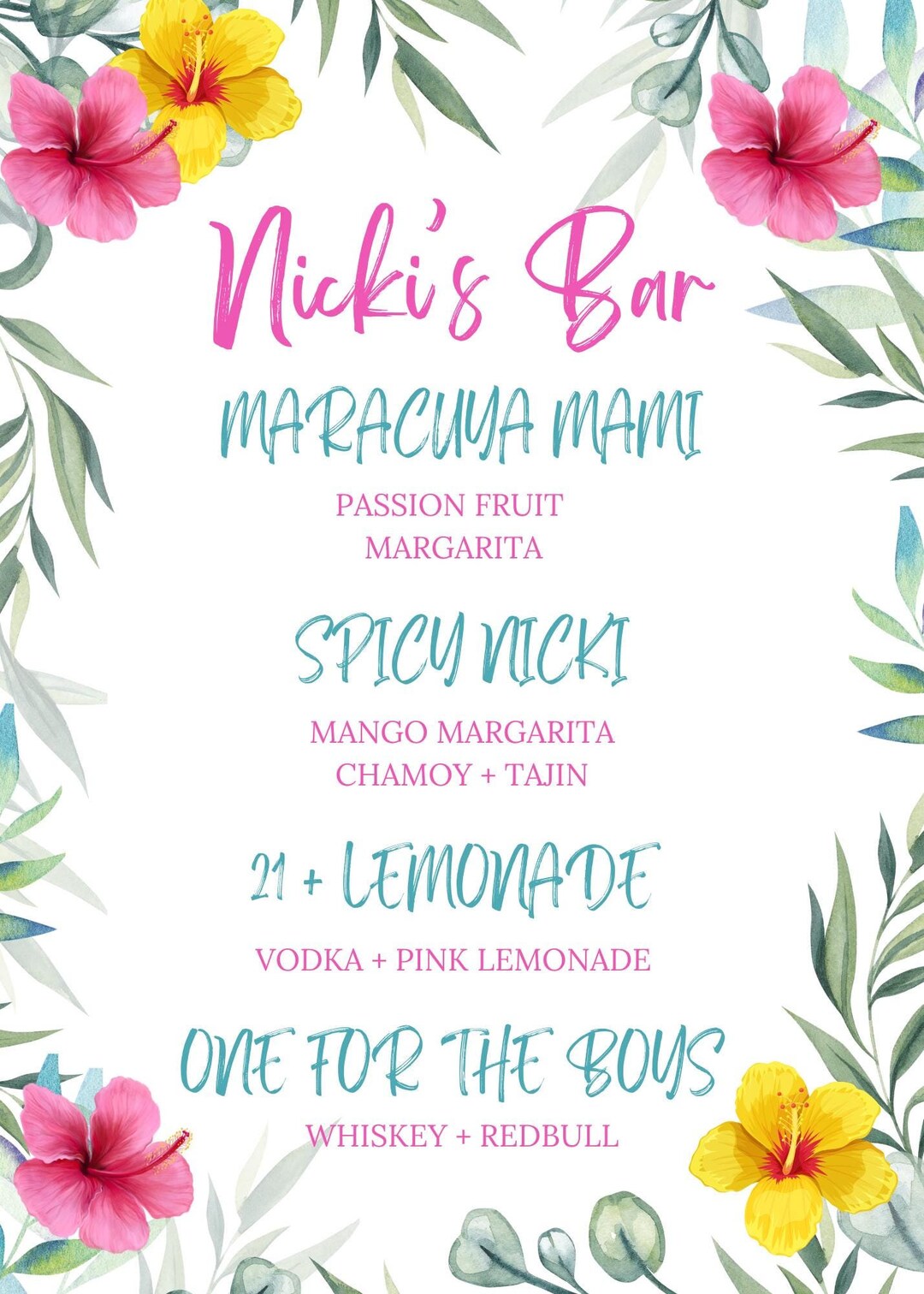 Signature Drinks Bar Menu Birthday Party Bar Personalized Drinks - Etsy