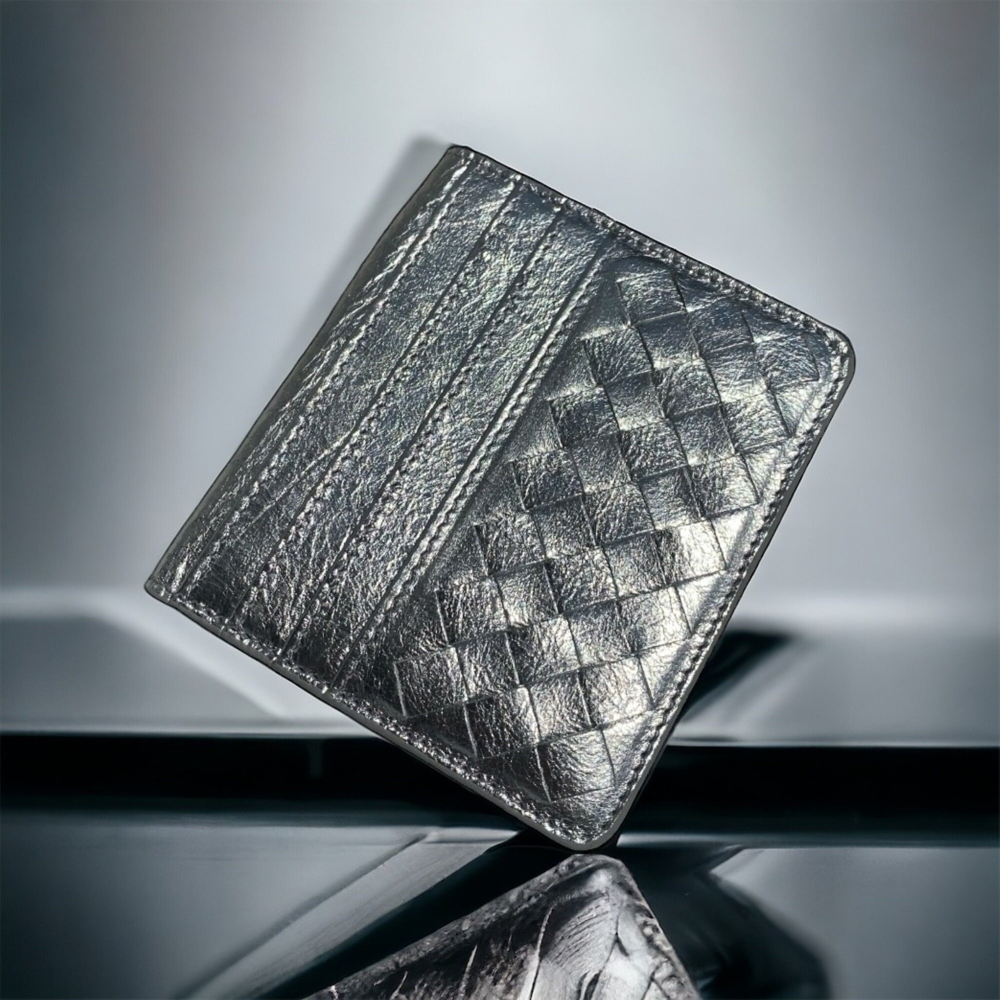 Silver Intrecciato Leather Bi-fold Wallet, Handmade Slim Genuine ...
