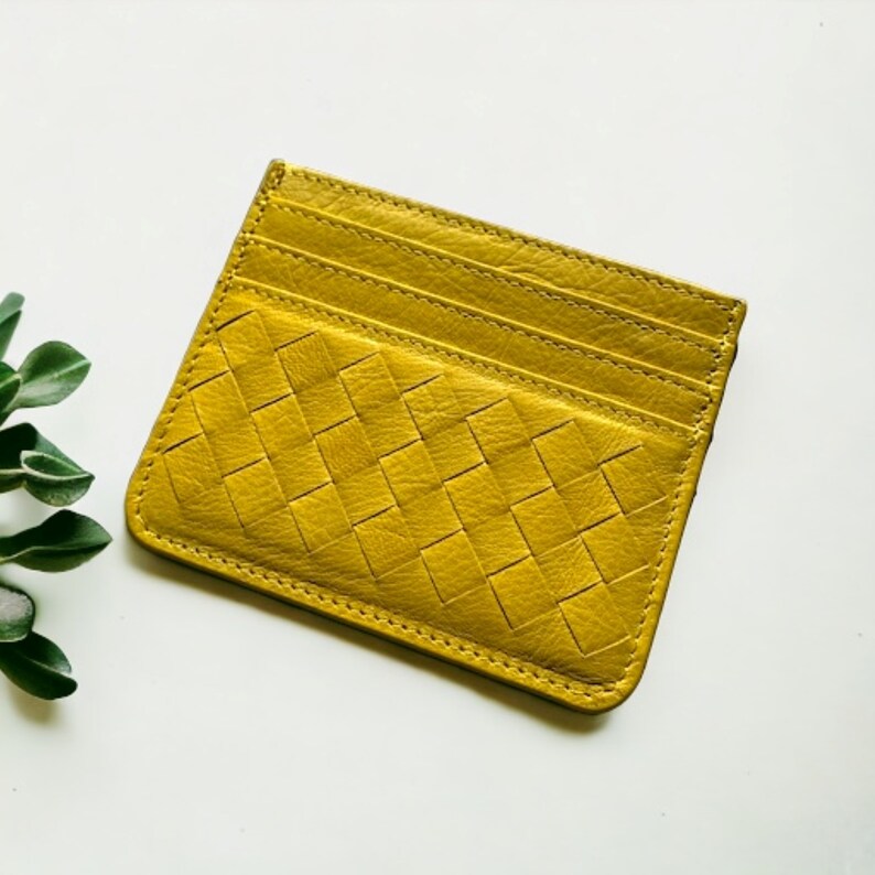 Yellow Leather Card Holder, Intrecciato Slim Genuine Leather Card Case ...