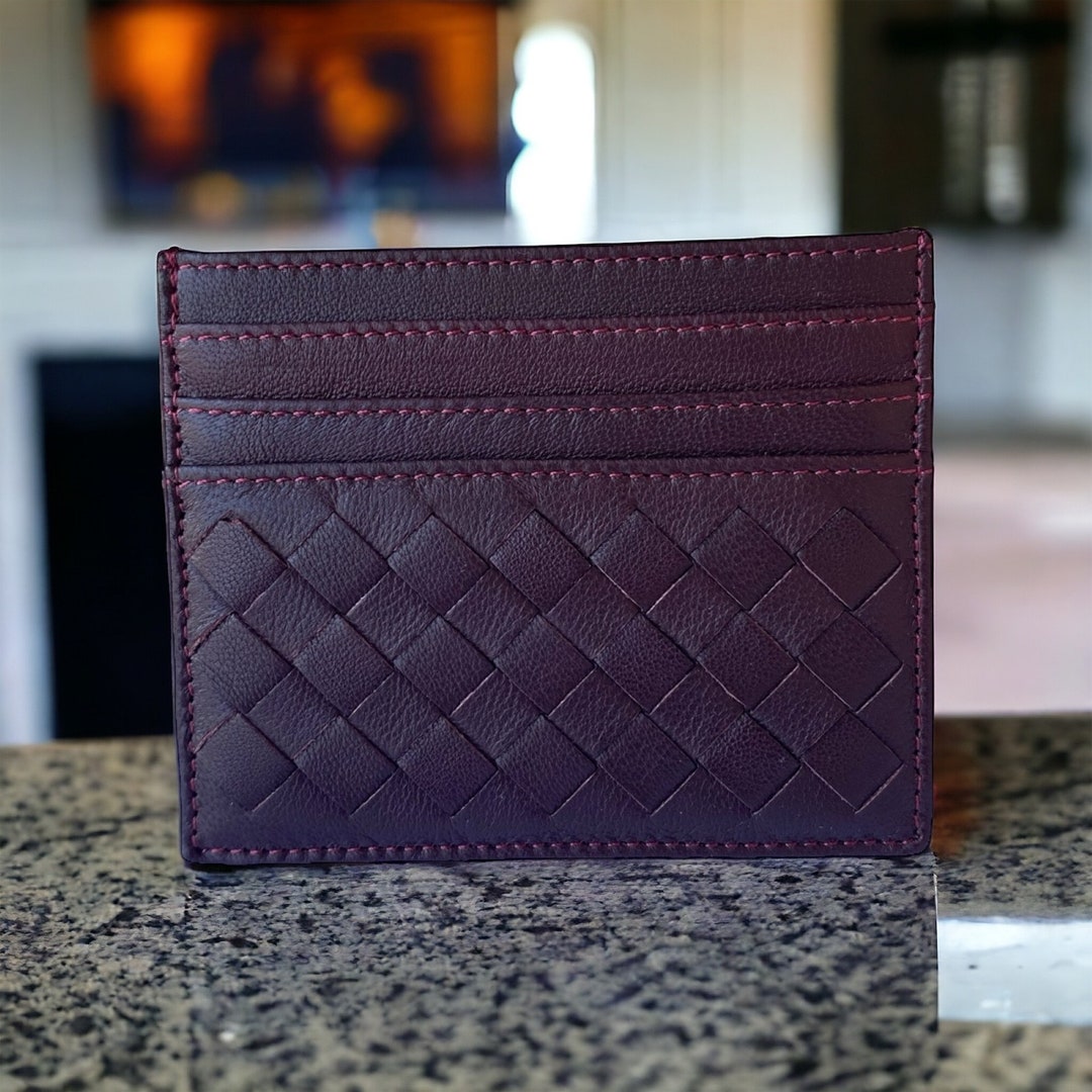 Burgundy Genuine Leather Slim Card Holder Wallet, Intrecciato Card ...