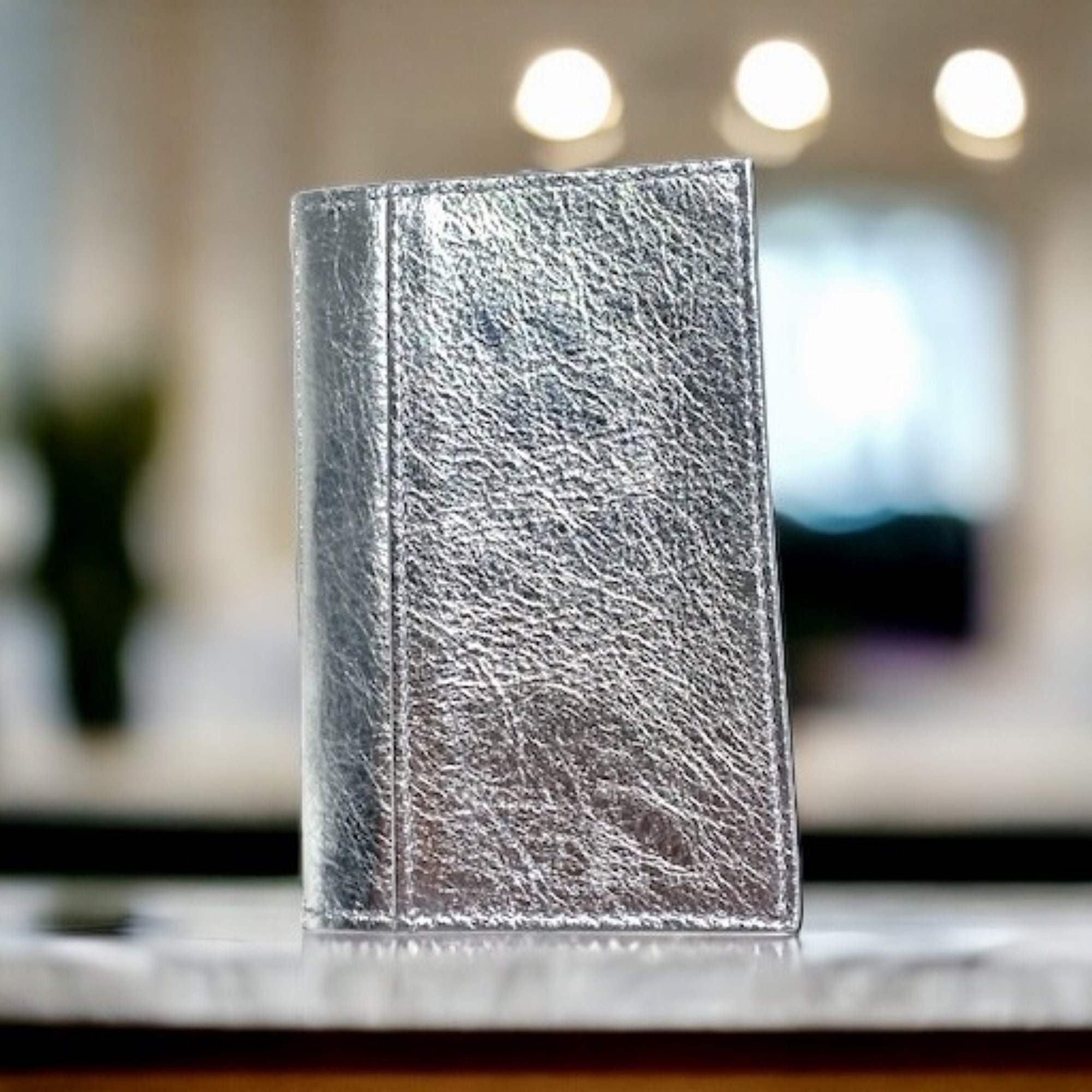 Silver Slim Bi-fold ID Card Case Wallet, Genuine Leather Minimalist ...