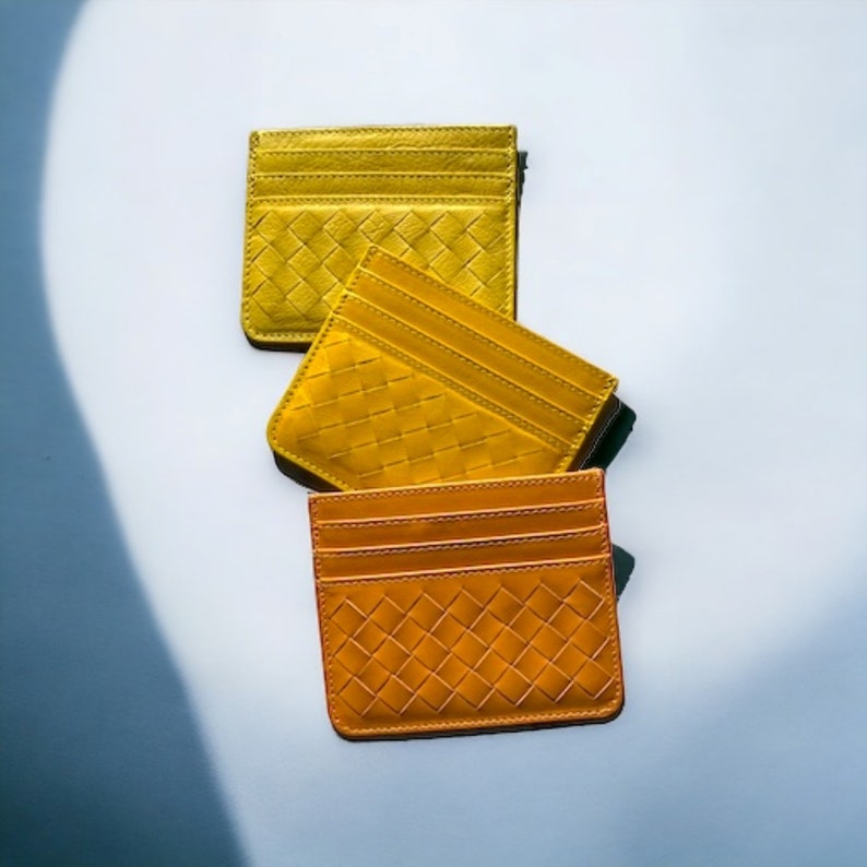 Yellow Leather Card Holder, Intrecciato Slim Genuine Leather Card Case ...