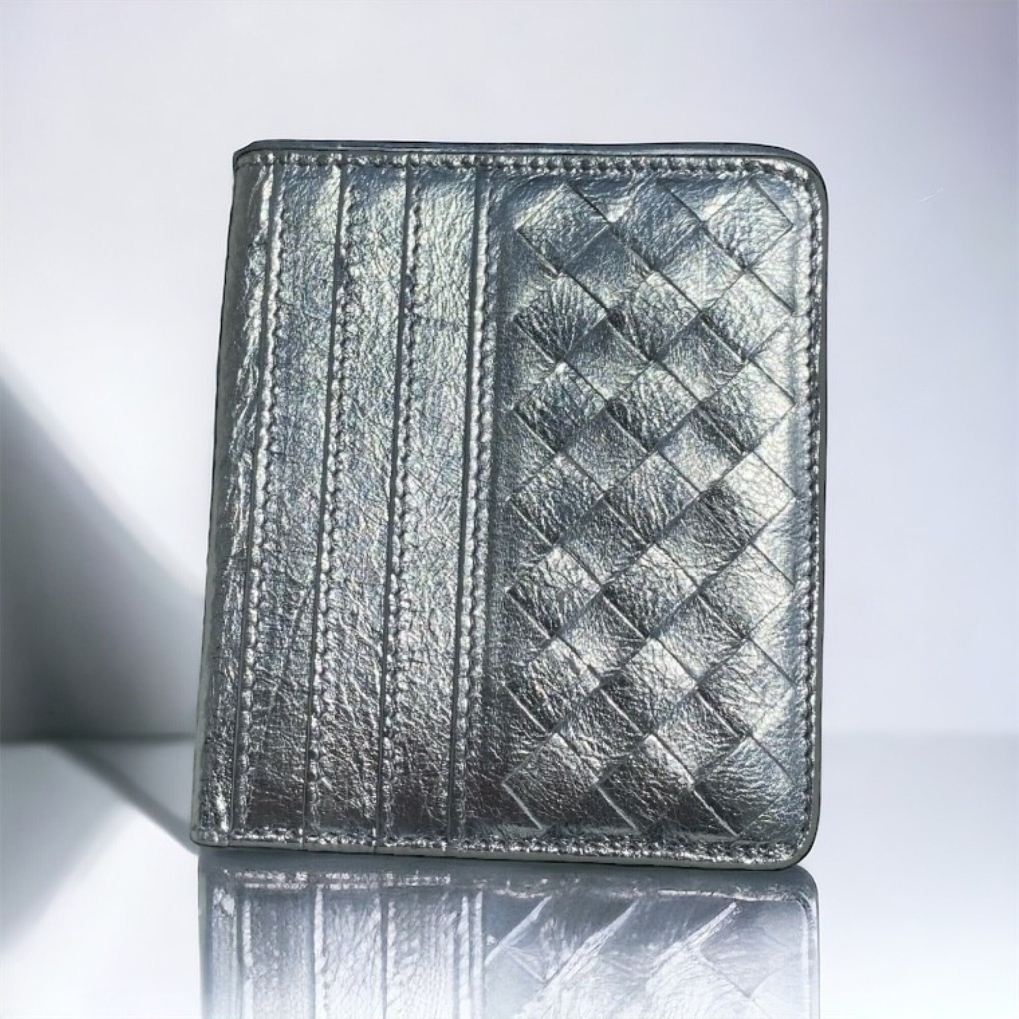 Silver Intrecciato Leather Bi-fold Wallet, Handmade Slim Genuine ...
