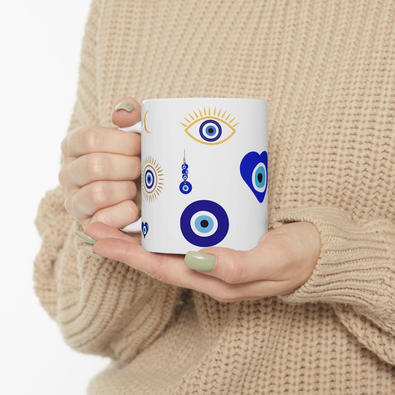 Evil Eye Coffee Mug White Ceramic Cup Modern Design Spiritual Gift for ...