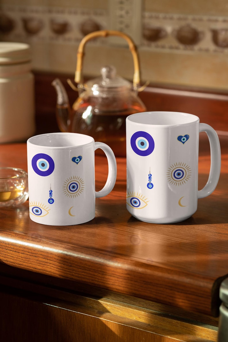Evil Eye Coffee Mug White Ceramic Cup Modern Design Spiritual Gift for ...
