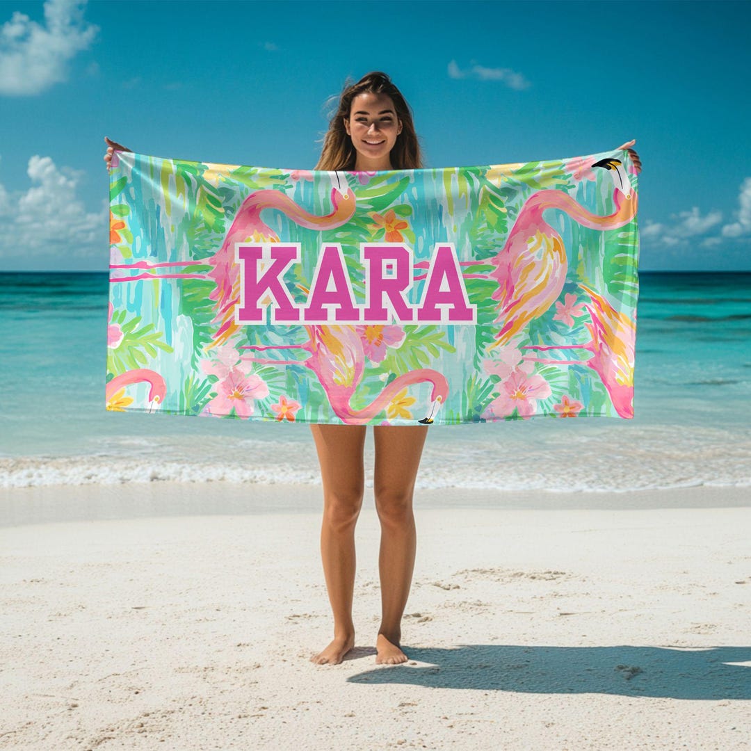 Custom Name Lilly Inspired Flamingo Beach Towel, Personalized Tropical ...