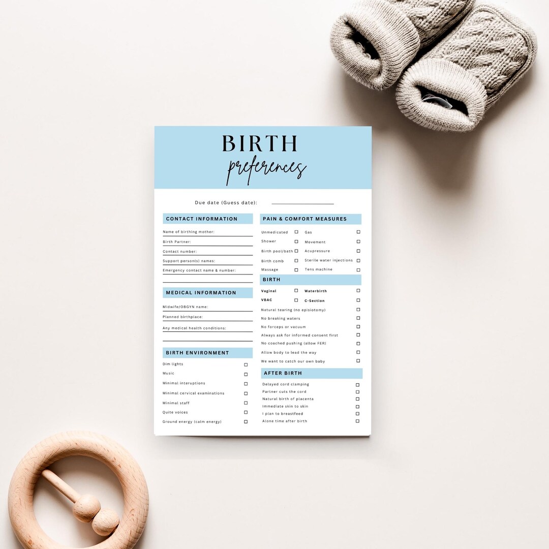 Printable Birth Plan and Preferences Template Simple | Custom Birth ...