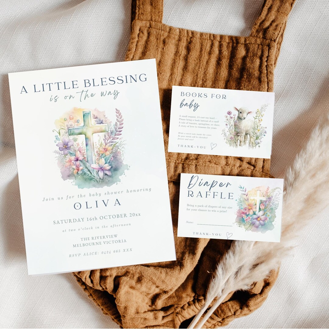 Religious Baby Shower Invitation Set Editable Canva With Diaper Raffle ...