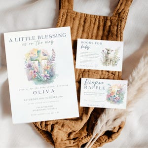 Religious Baby Shower Invitation Set Editable Canva With Diaper Raffle ...