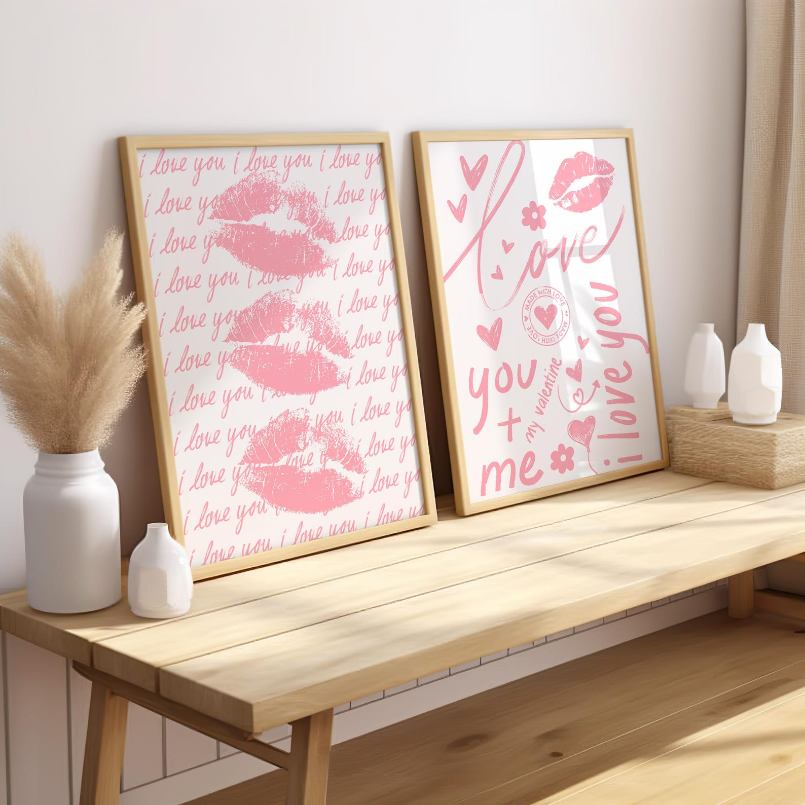Love Art Print | Kiss Poster | Pink Preppy Set of 2 Print | Aesthetic ...