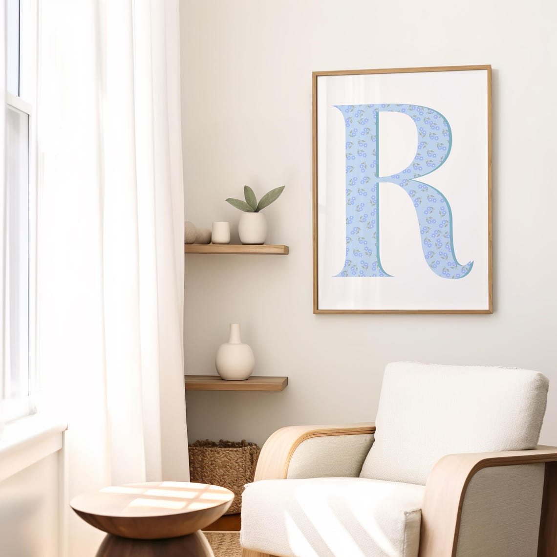 Floral Letter R Print | Light Blue Initial Nursery Decor (digital ...
