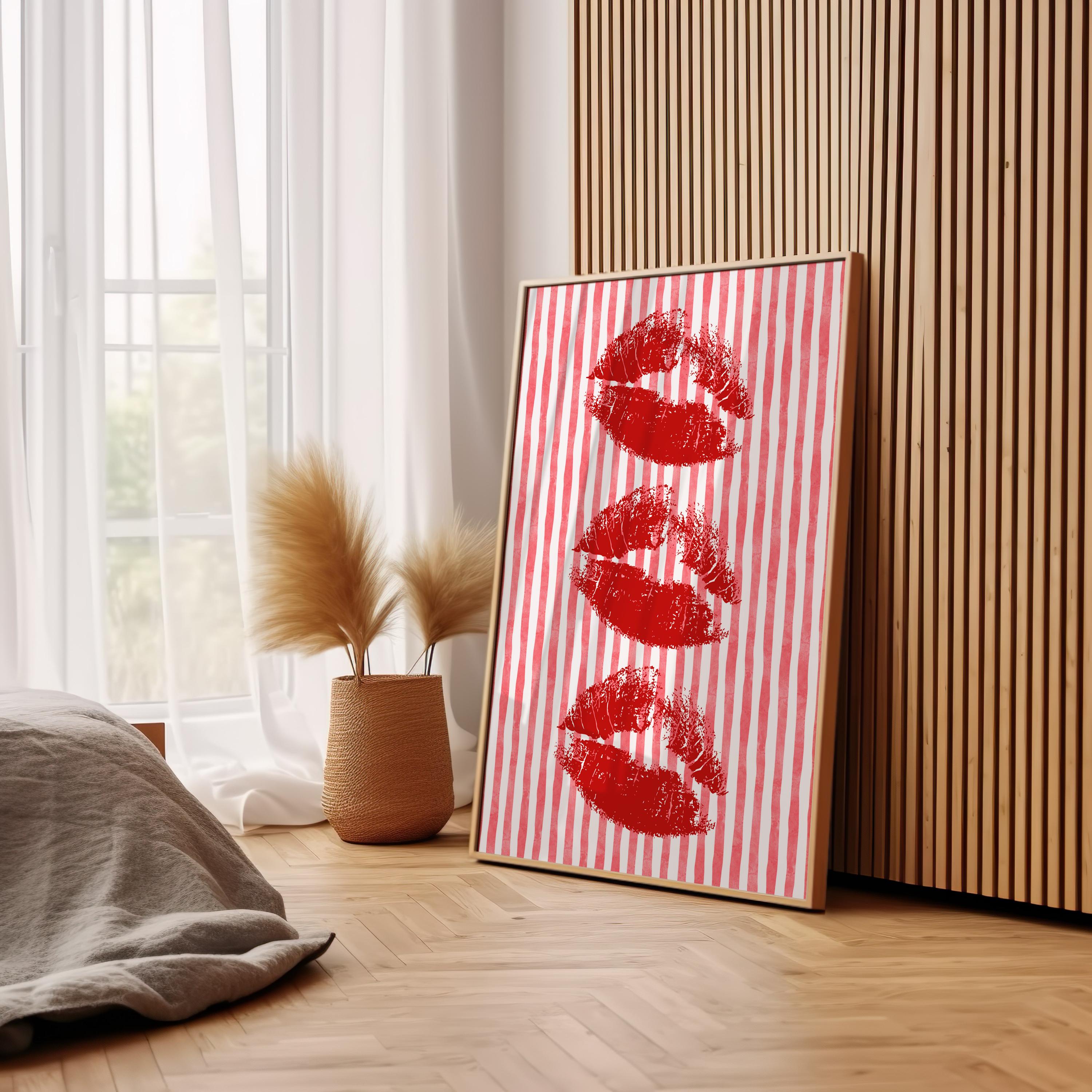 Red Lips Print | Trendy Romantic Preppy Stripe Poster (digital Download ...