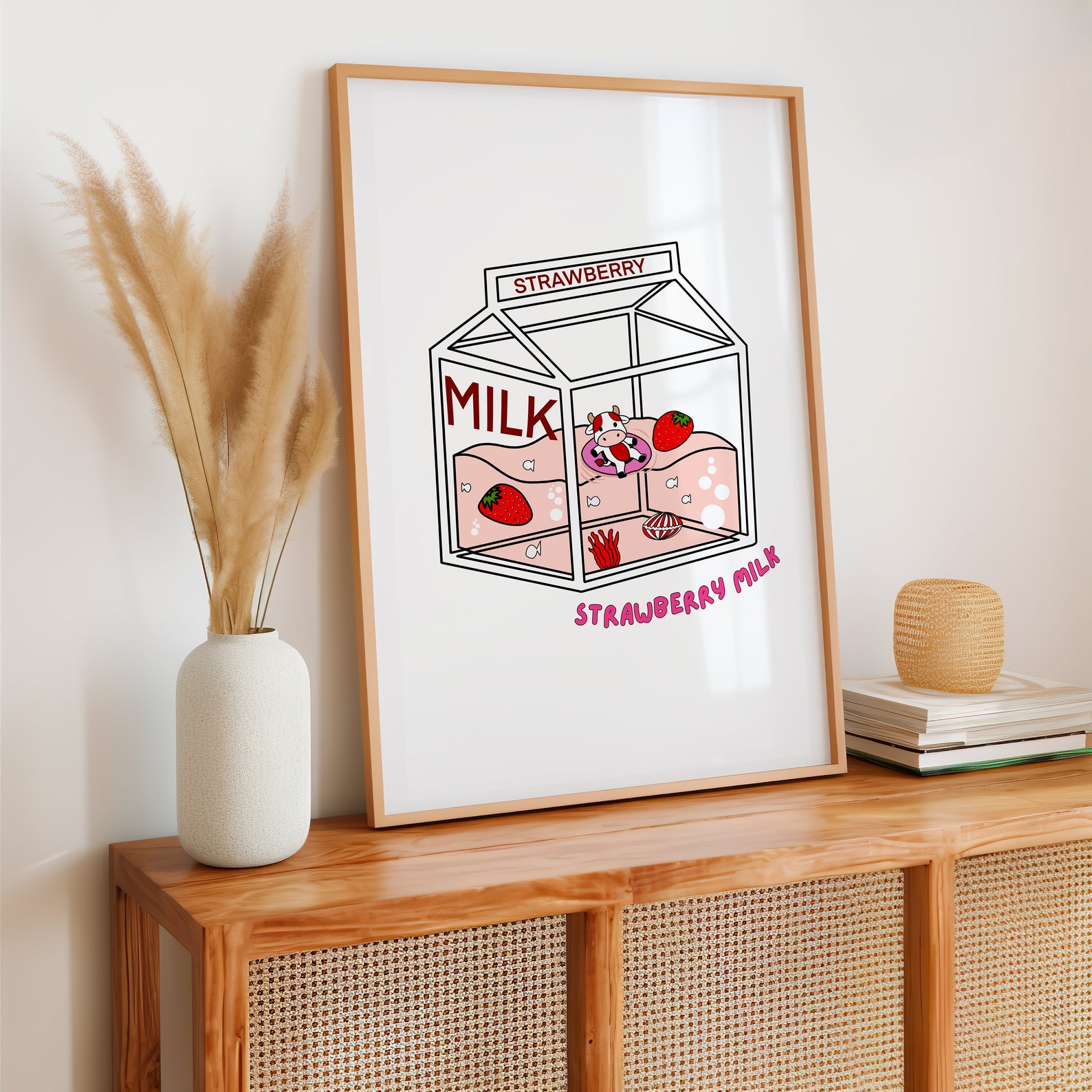Strawberyy Milk Print | Coquette Kitchen Poster | Pink Preppy Poster ...