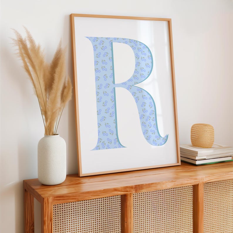 Floral Letter R Print | Light Blue Initial Nursery Decor (digital ...