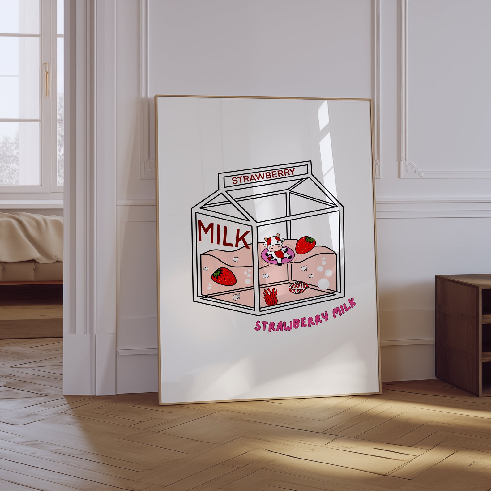 Strawberyy Milk Print | Coquette Kitchen Poster | Pink Preppy Poster ...
