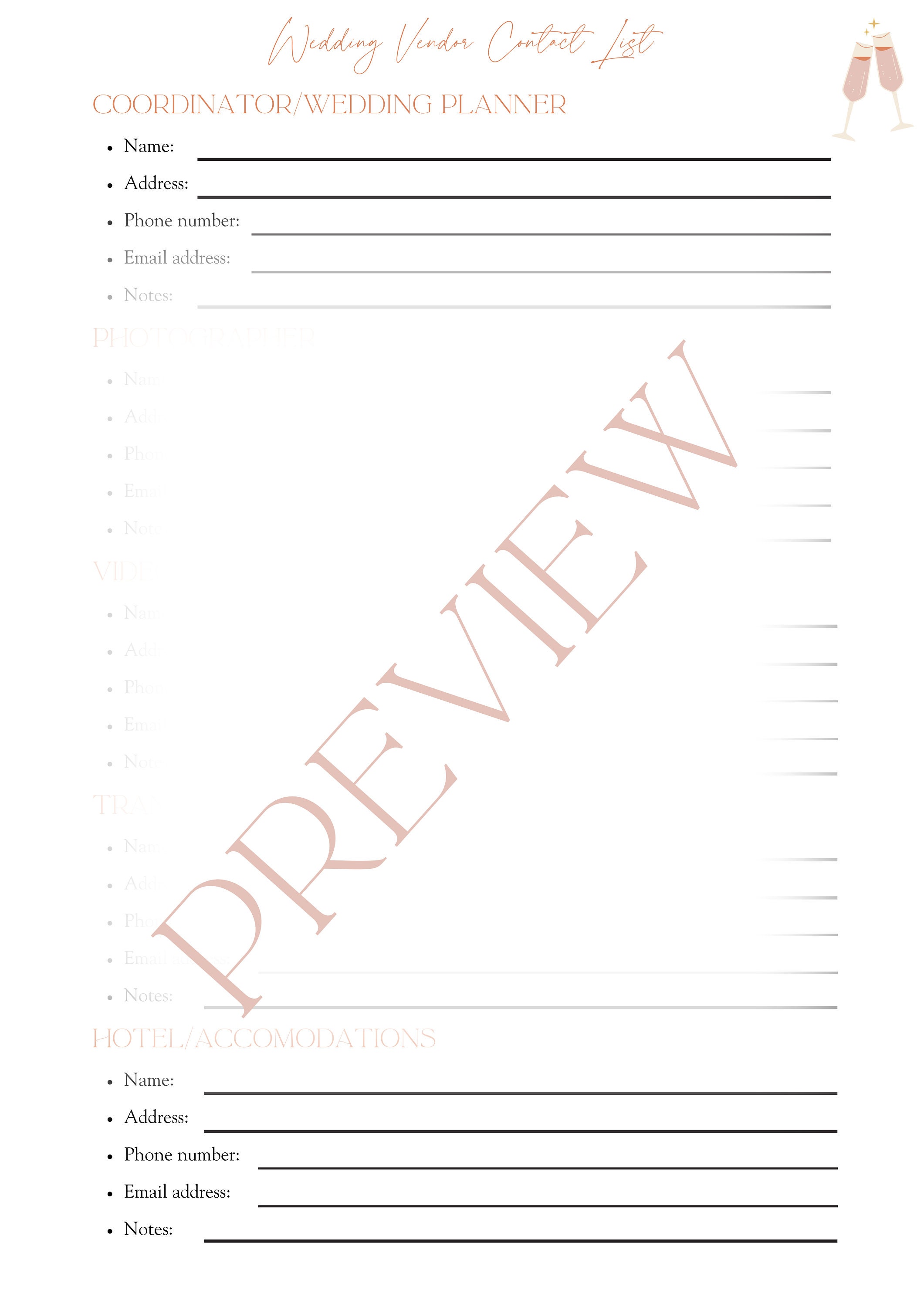 Wedding Vendor Contact List Printable Instant Download - Etsy