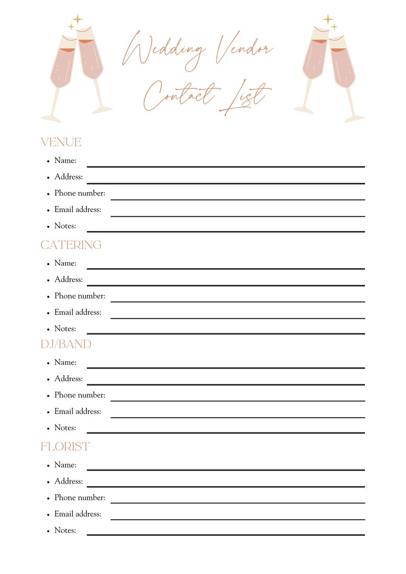 Wedding Vendor Contact List Printable Instant Download - Etsy
