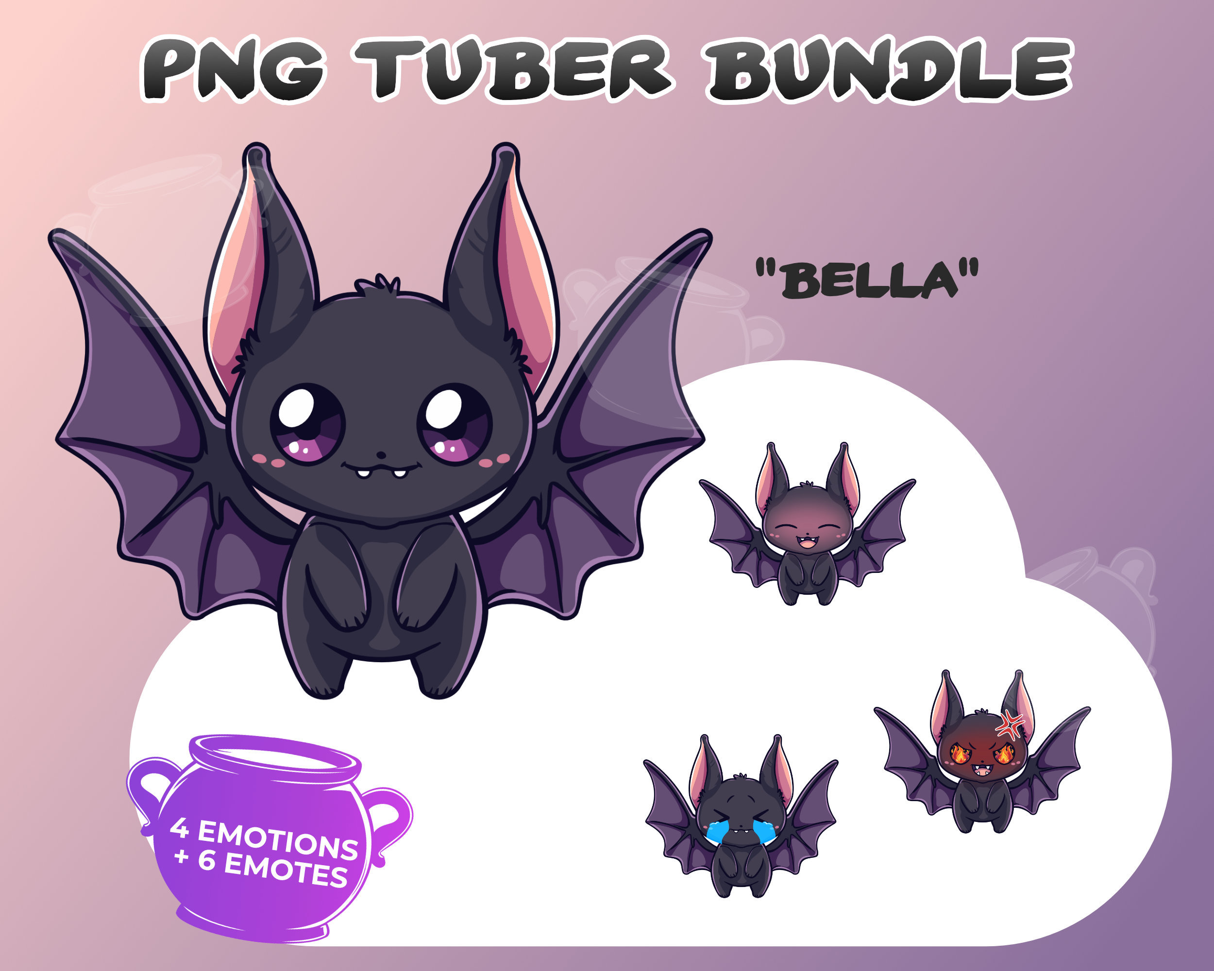 Pngtuber Bundle Bella the Bat, With Emote Pack, Animated Kawaii Gothic ...