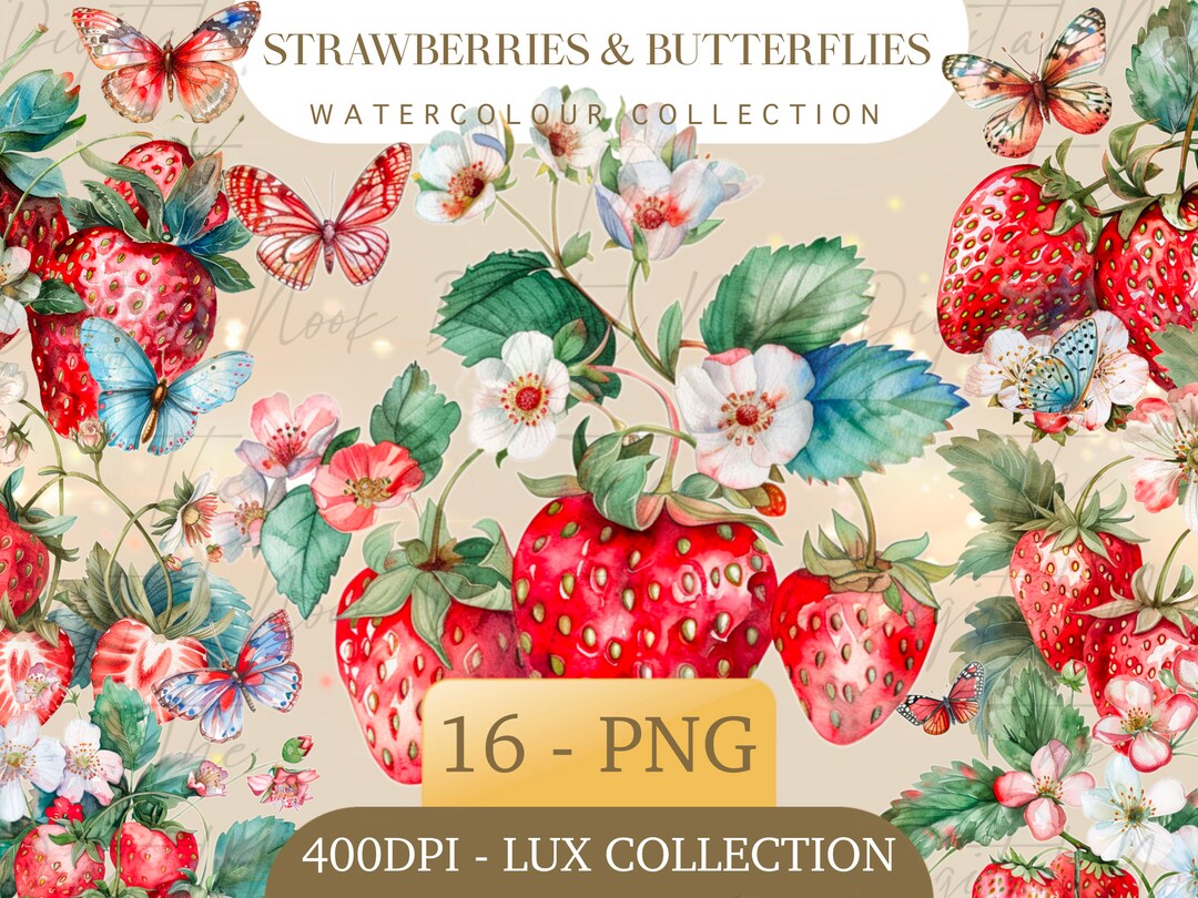 Set of 16 Strawberries and Butterflies Watercolour Png Clip Art Digital ...