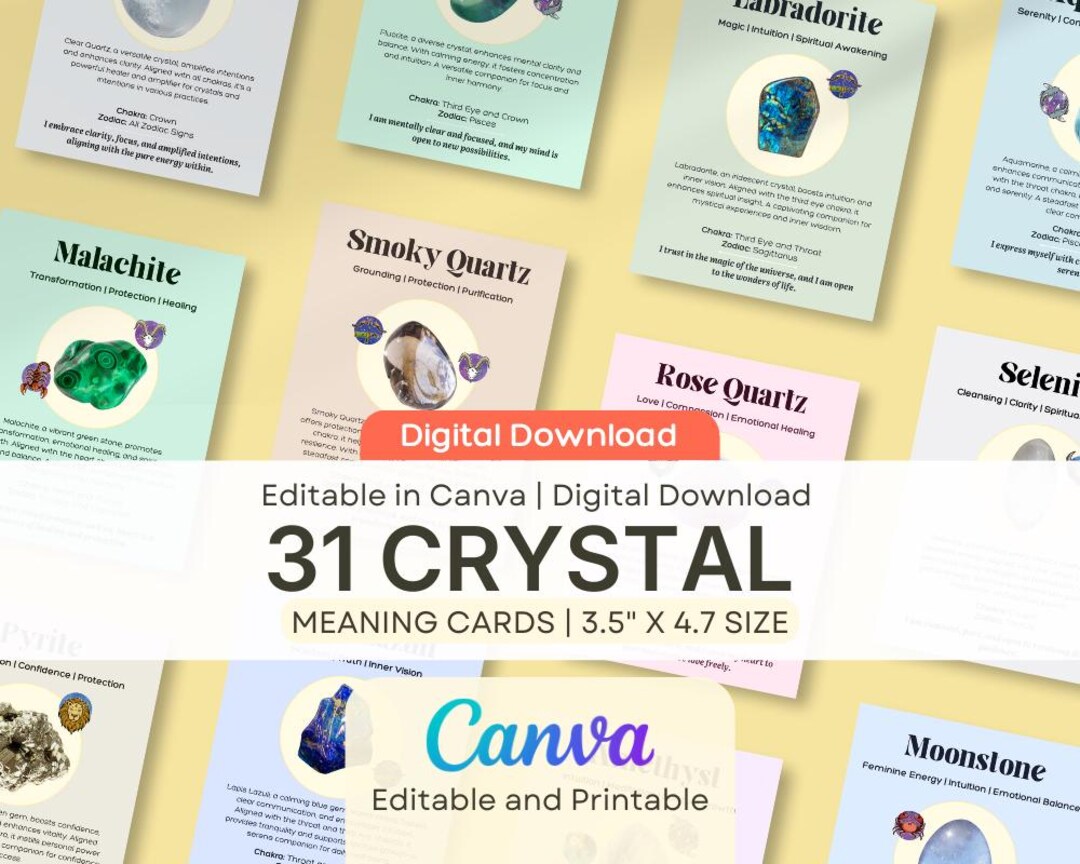 31 Crystal Meaning Cards | Editable Canva Template | Printable Crystal ...