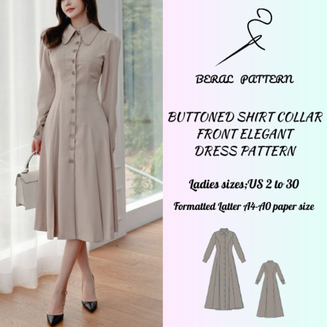 Shirt Collar Buttoned Dress Pattern|summer Dress|midi Dress Pattern ...