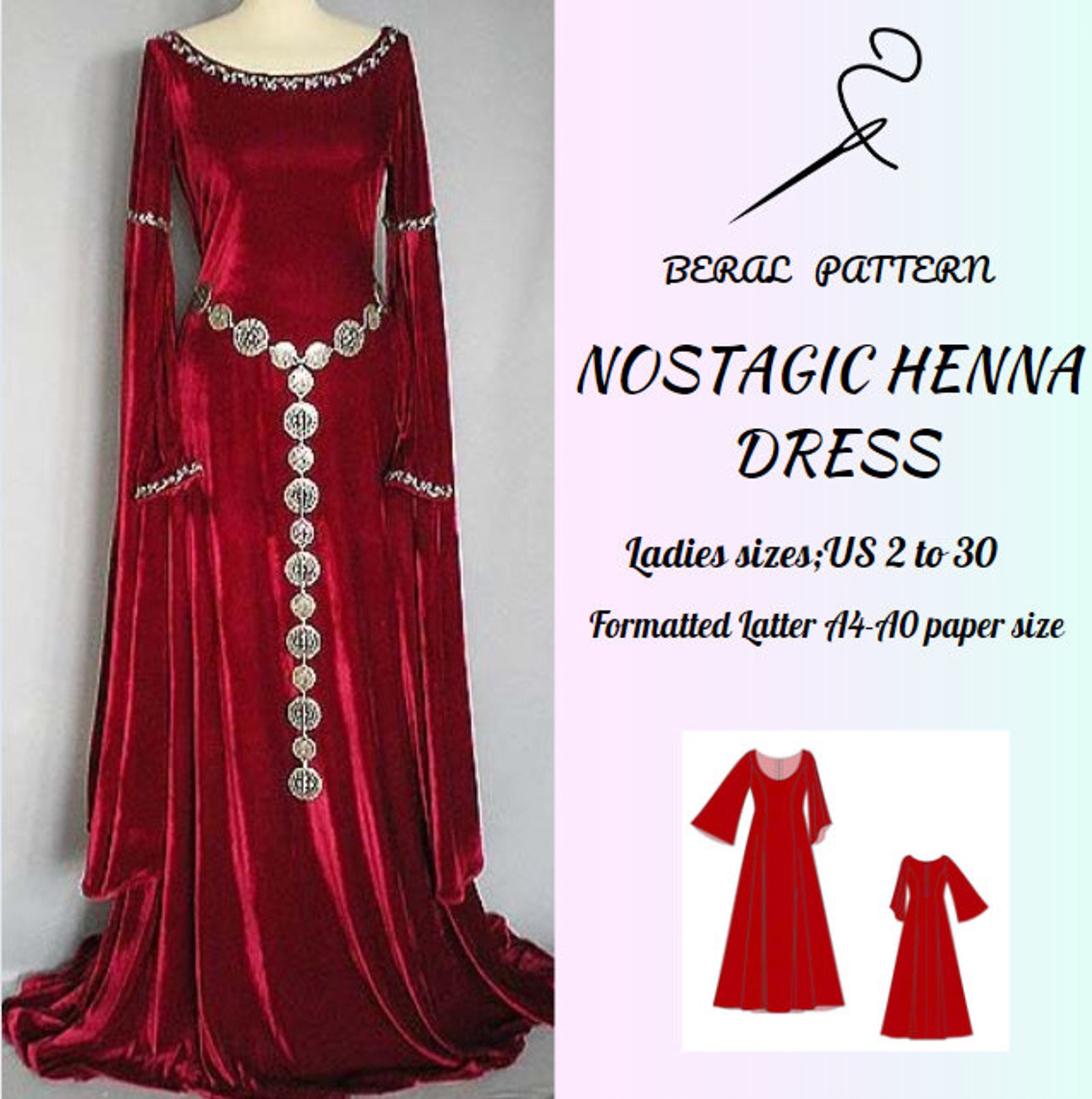 1400's Style Henna Dressrenaissance,medieval Dressceltic Dressa0 A4 US ...